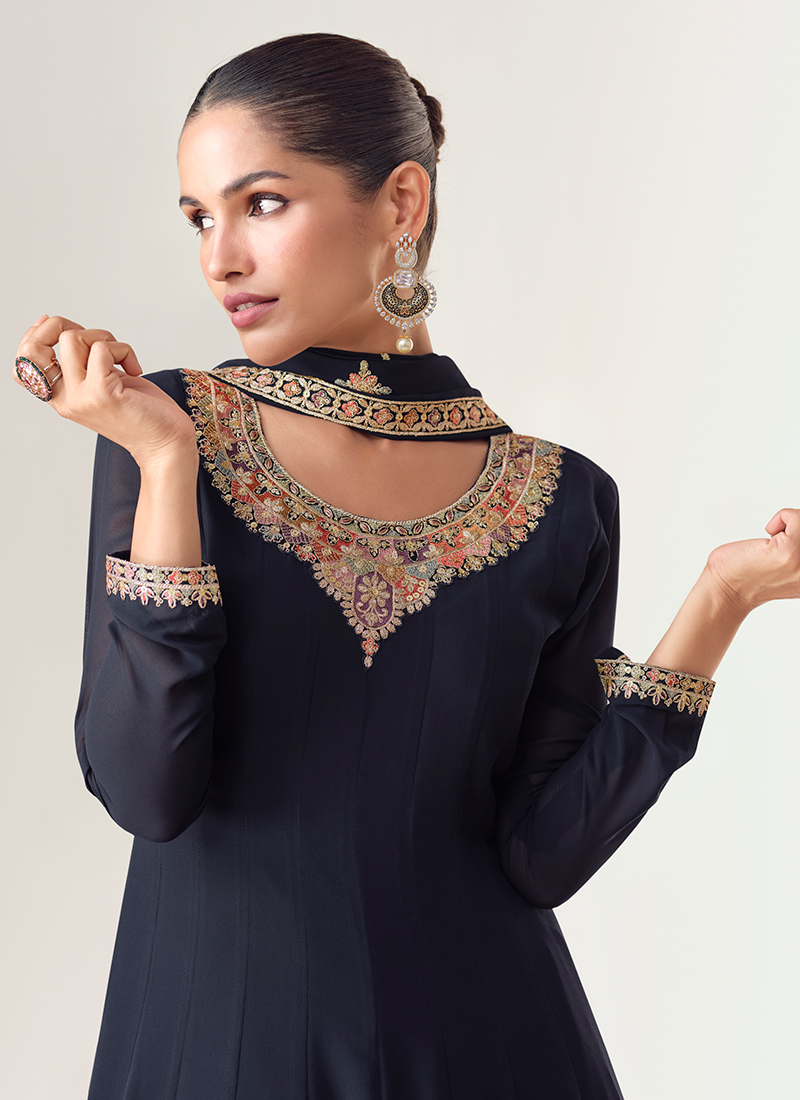 Buy Navy Blue Georgette Embroidery Work Wedding Wear Readymade Anarkali Suit Online From Surat ...